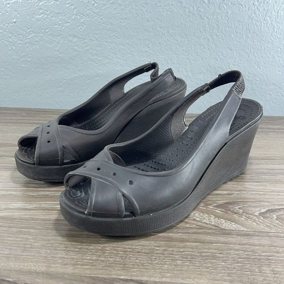 CROCS | Shoes | Crocs Farrah Brown Womens Peep Toe Wedge Sandal W8 ...